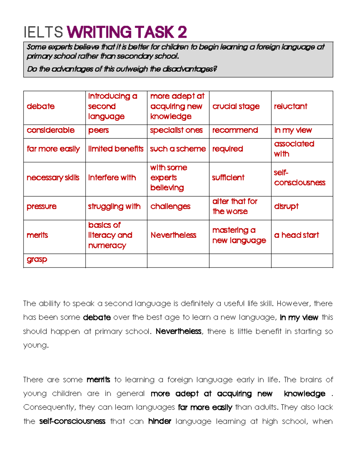 IELTS WRITING TASK 2: Pros and Cons of Early Language Learning - Studocu