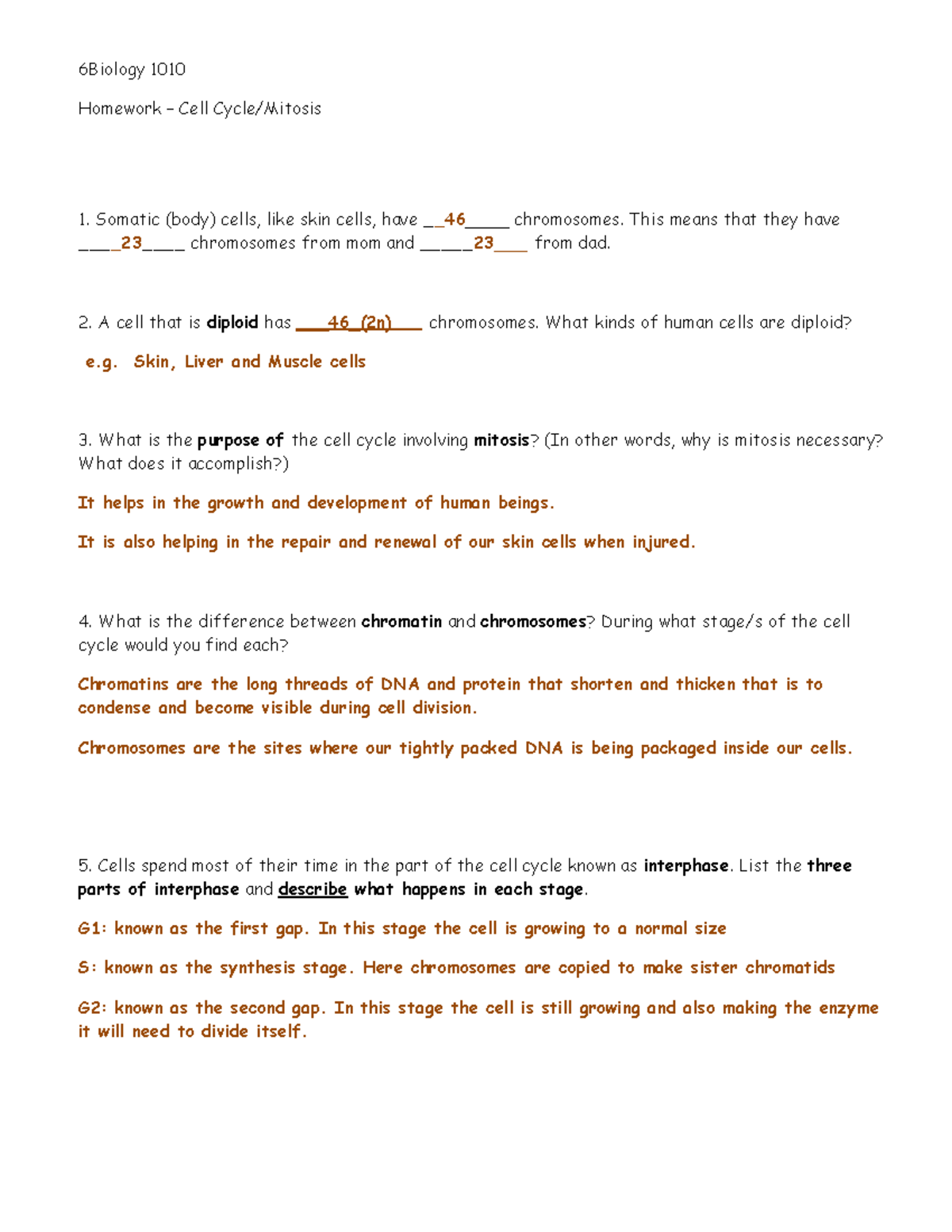 Cell cycle and mitosis homework - 6Biology 1010 Homework – Cell Cycle ...