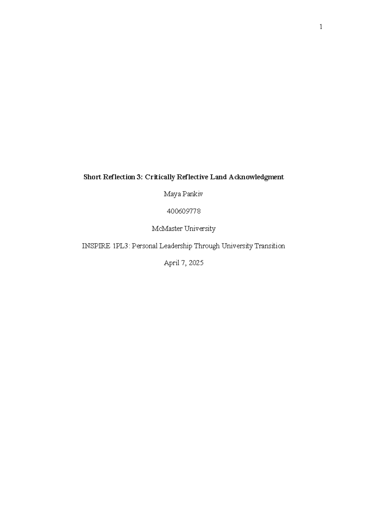 INSPIRE 1PL3: Reflection on Land Acknowledgment and Reconciliation ...