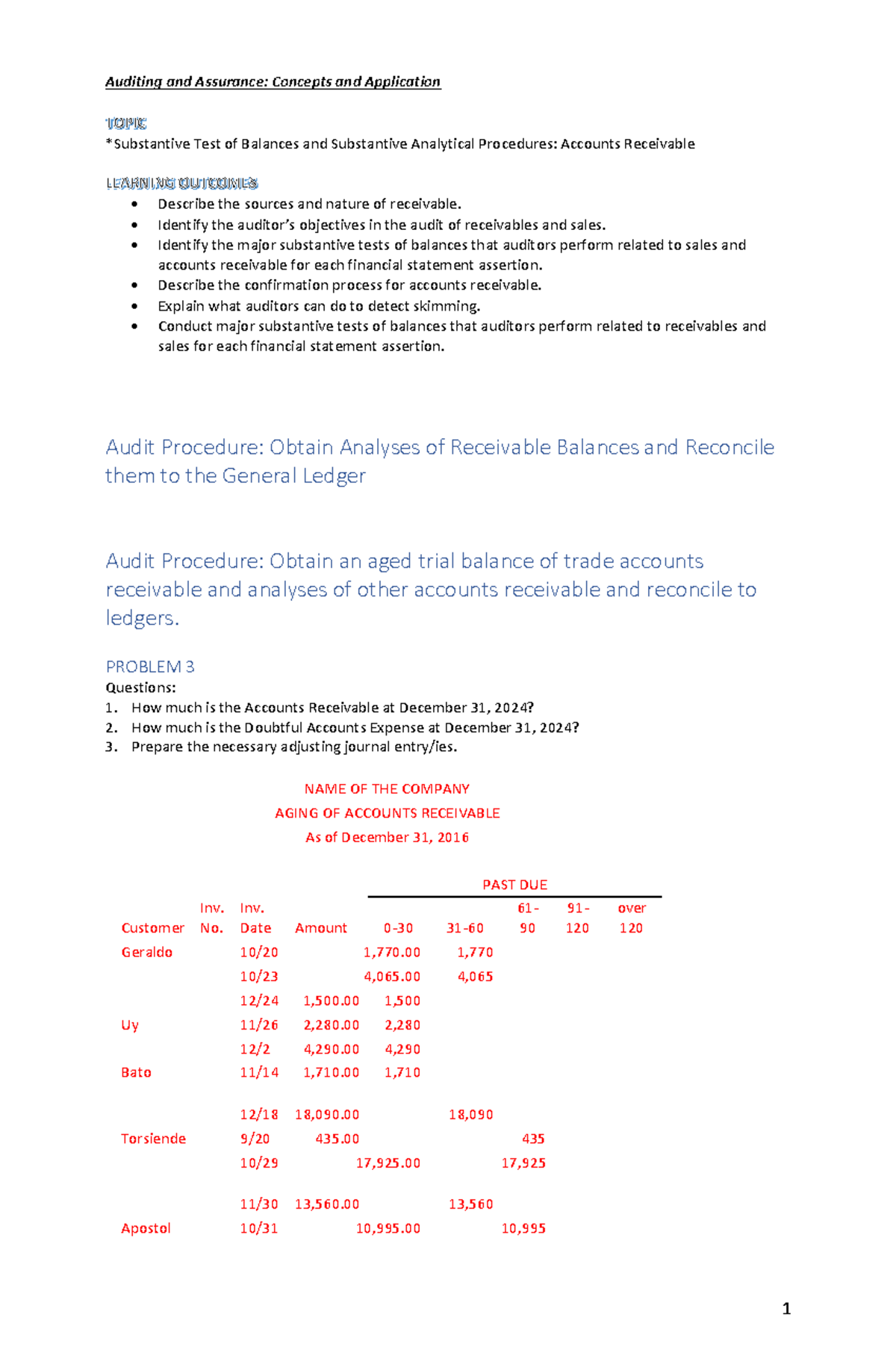 Practical Manual: Audit Procedures for Receivables and Analyses - Studocu