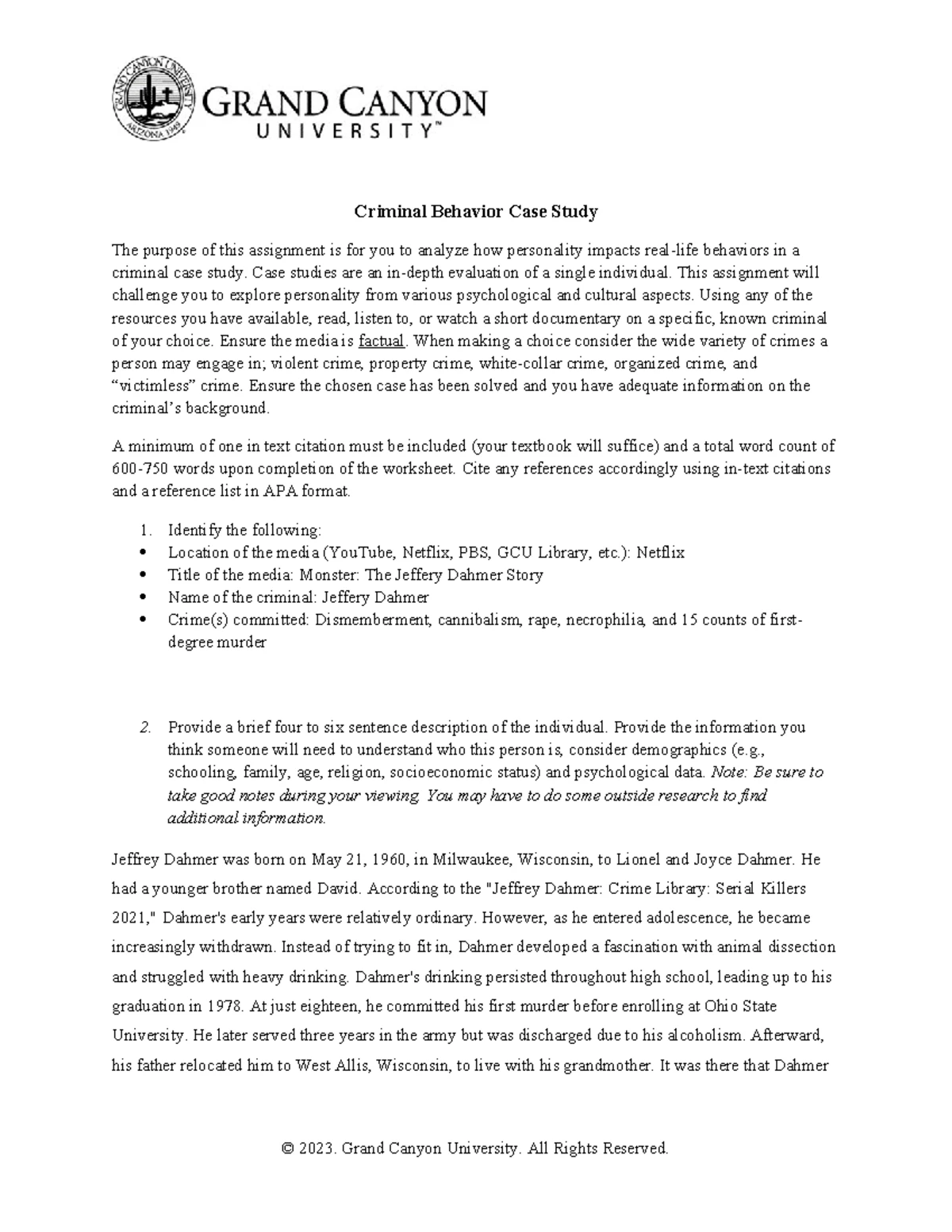 Analyzing Criminal Behavior: The Case of Jeffrey Dahmer (PSY 101) - Studocu