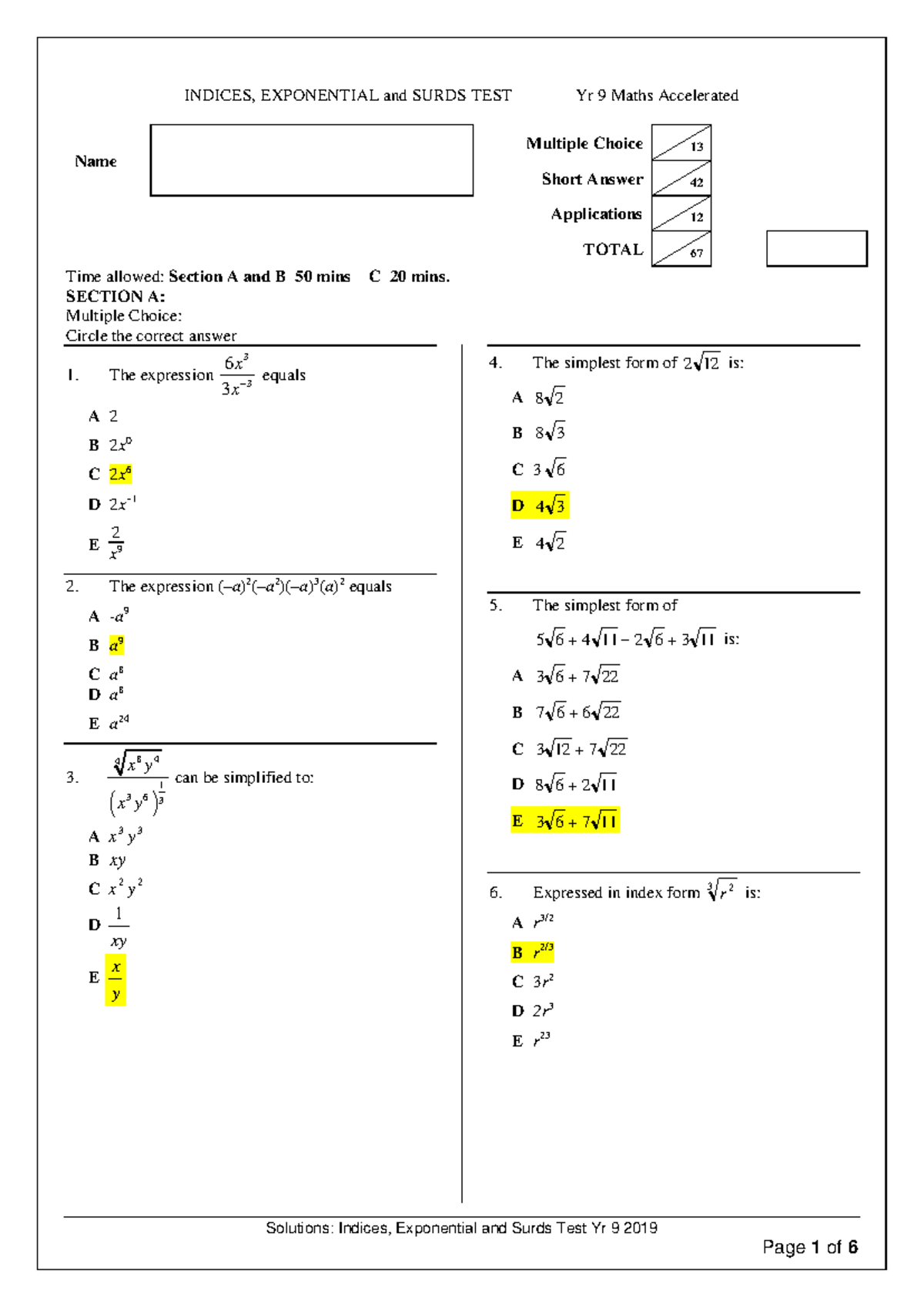 Yr 9 Accelerated Maths Solutions: Indices & Surds Test 2019 - Studocu