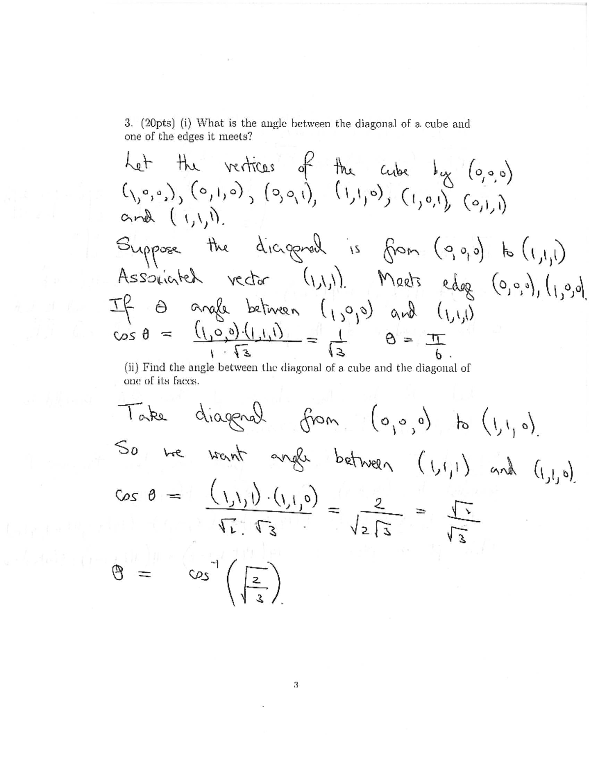 MIT18.022F10 Final Exam: Angles in a Cube - Part 3 Analysis - Studocu