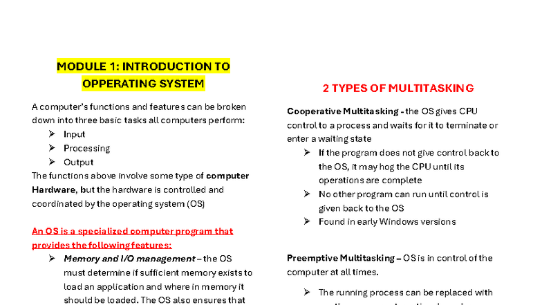 MODULE 1: INTRODUCTION TO OPERATING SYSTEMS - Key Concepts and Features - Studocu