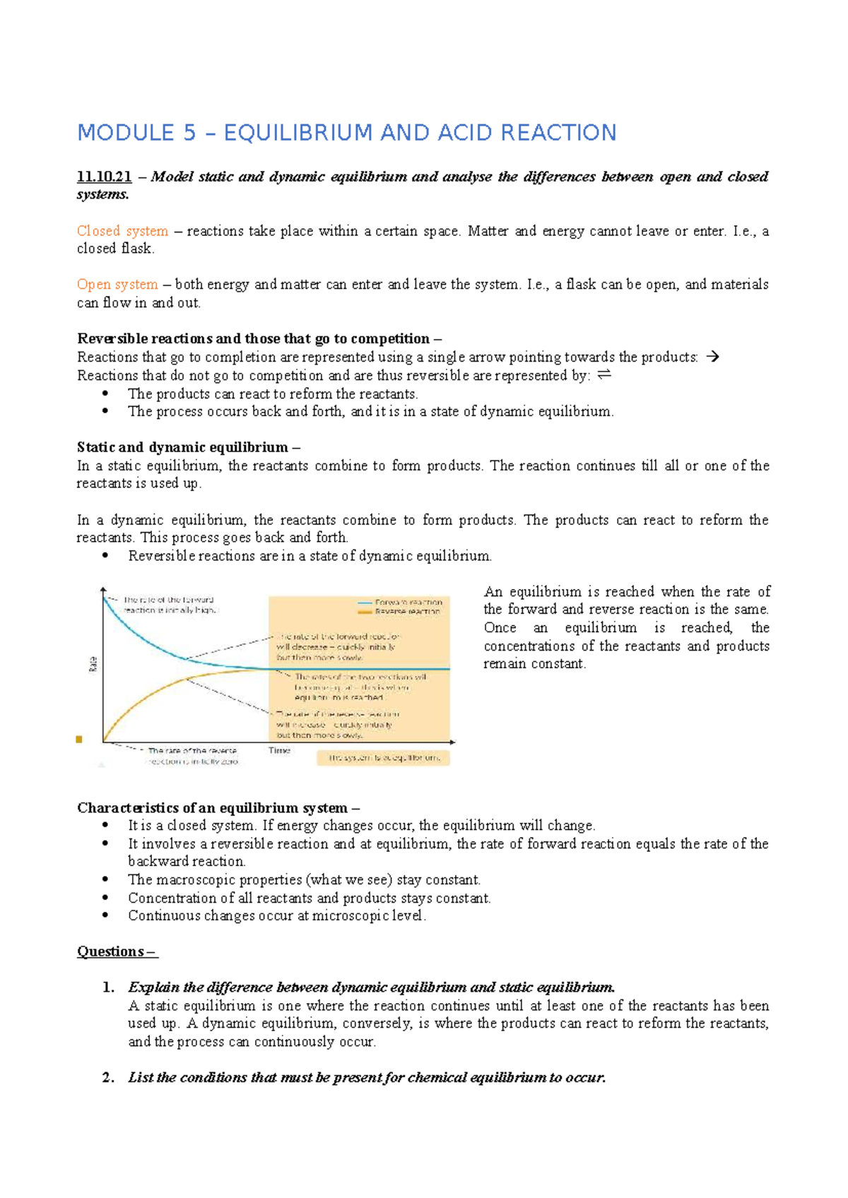 Class Notes - Module 5: Equilibrium & Acid Reactions - Studocu