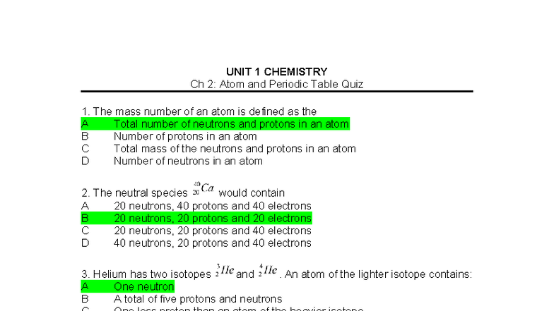 CHEM 101: Chapter 2 Atom and Periodic Table Quiz Answers - Studocu
