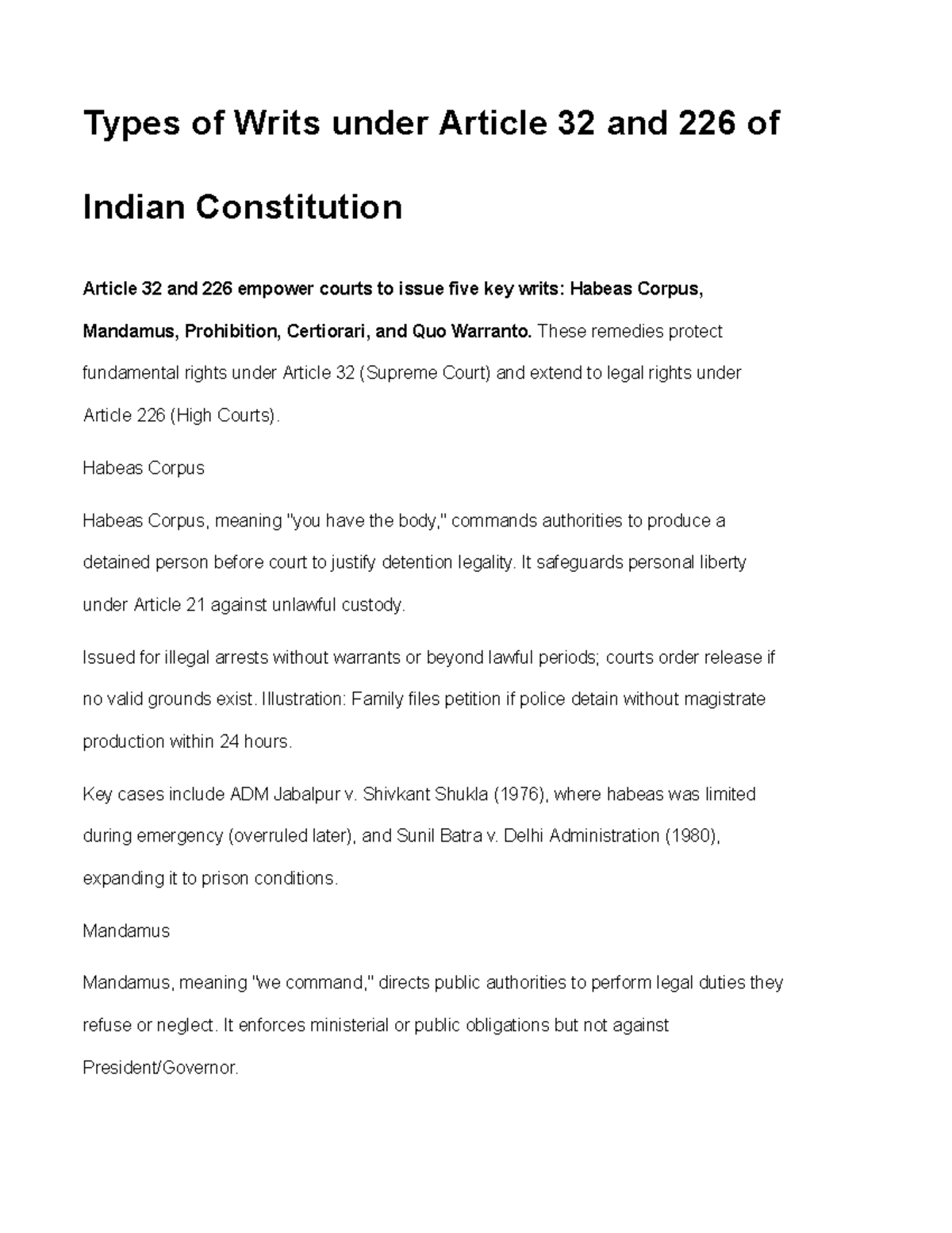 Writs under Articles 32 & 226 of the Indian Constitution: Key Notes ...