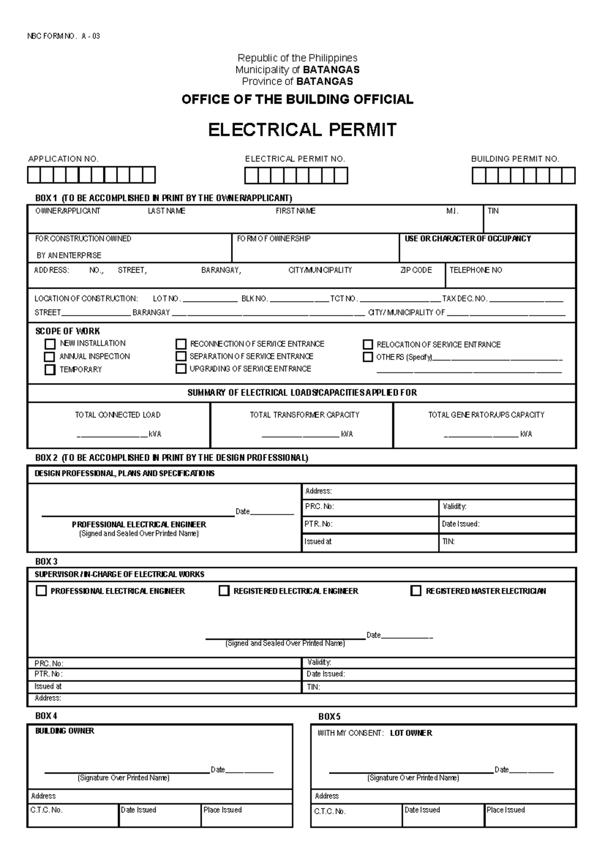 Electrical Permit Application Form - NBC FORM NO. A 03 - Studocu