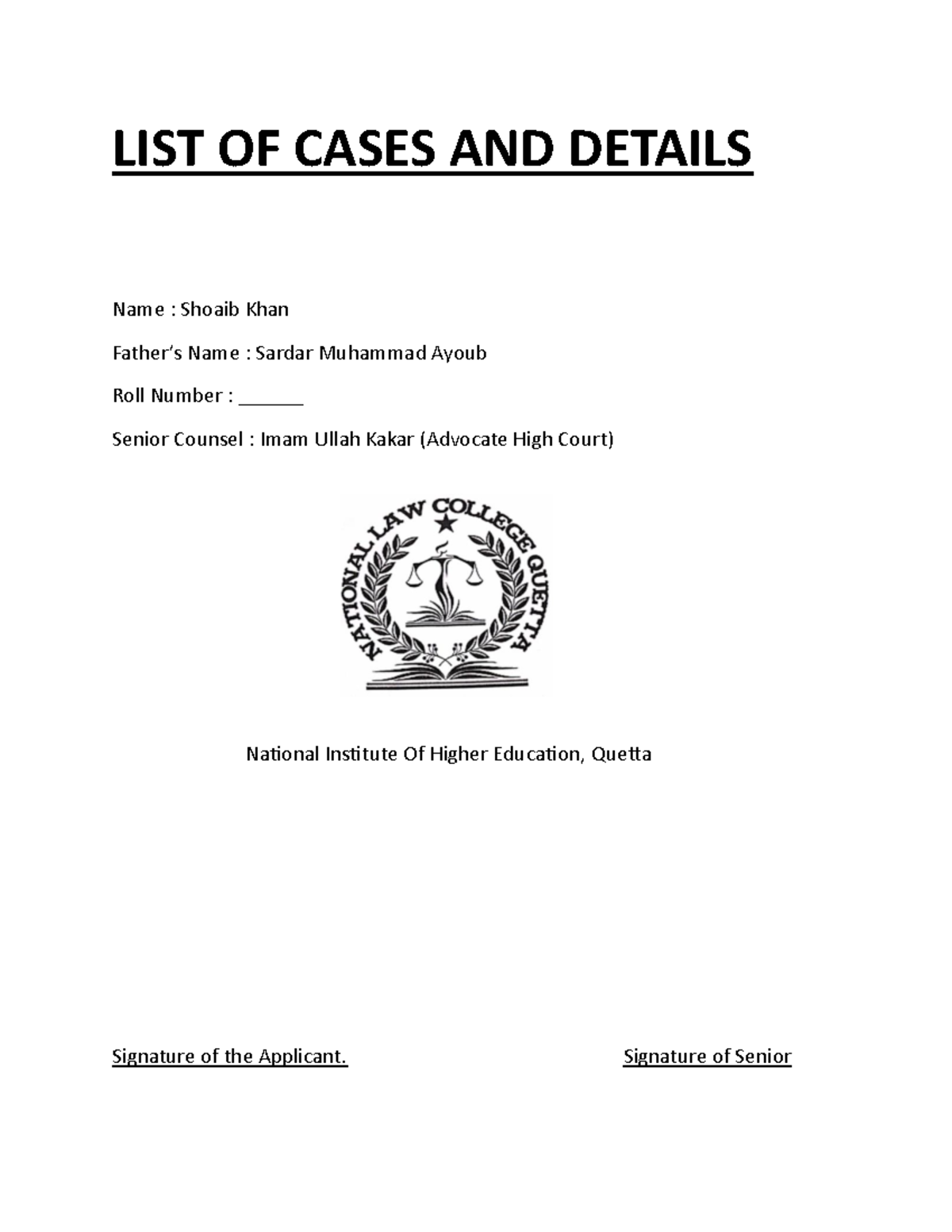 LL.B. Internship Case Summary - Shoaib Khan (NIHE) - Studocu