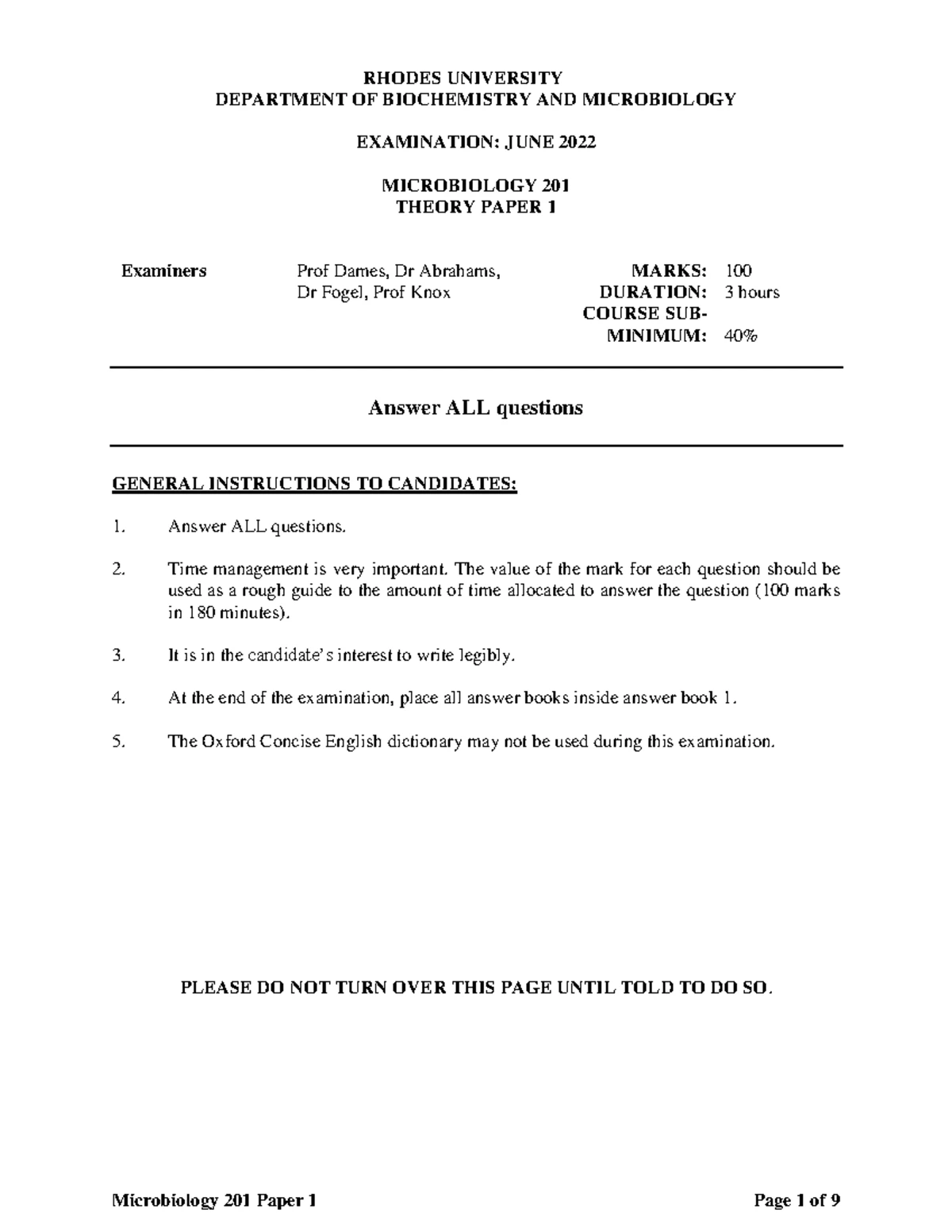 BCH 201 Theory Exam Paper 1 Guidelines and Content June 2023 - Studocu