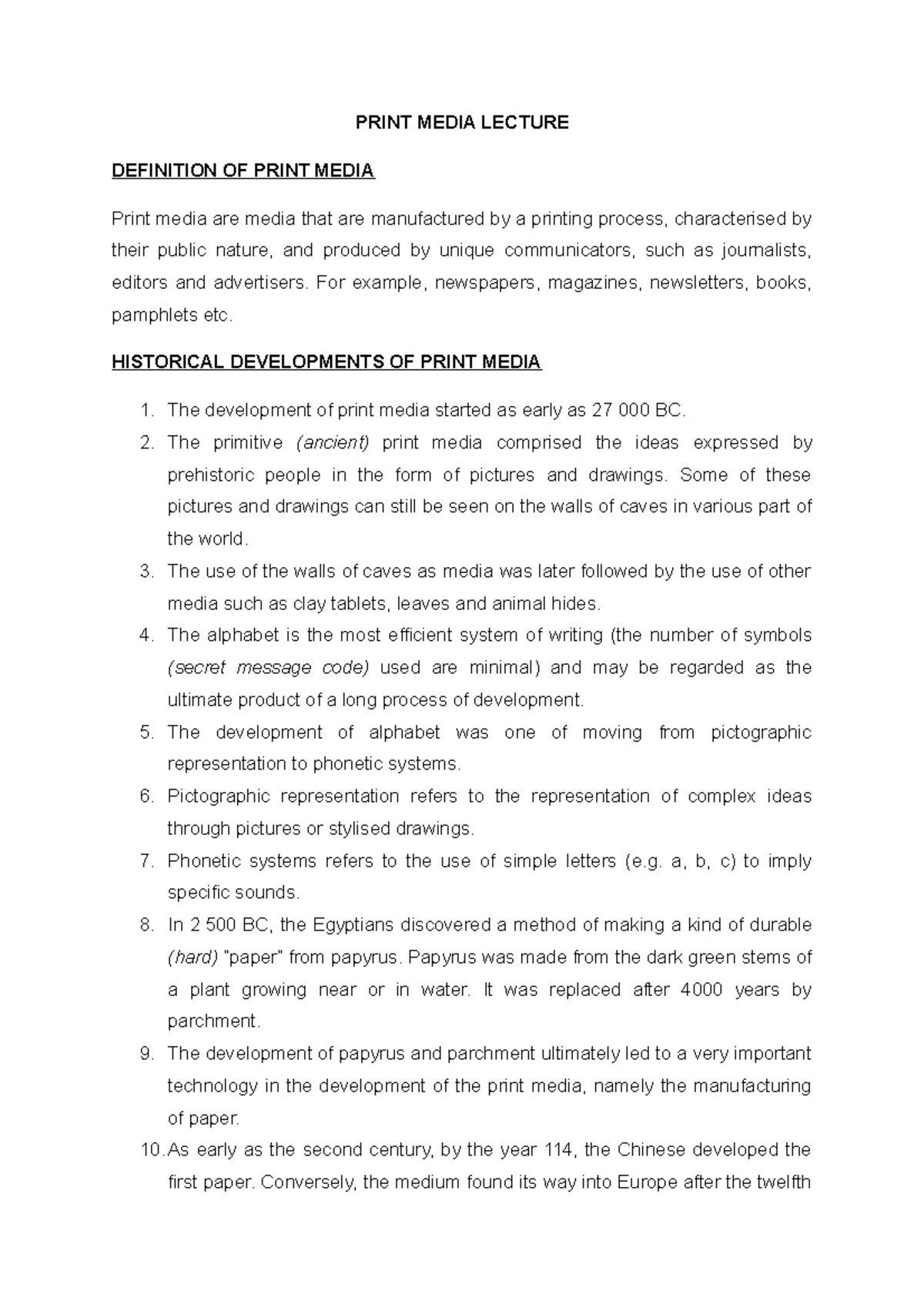 Print Media Lecture Notes: History, Classification & Functions - Studocu