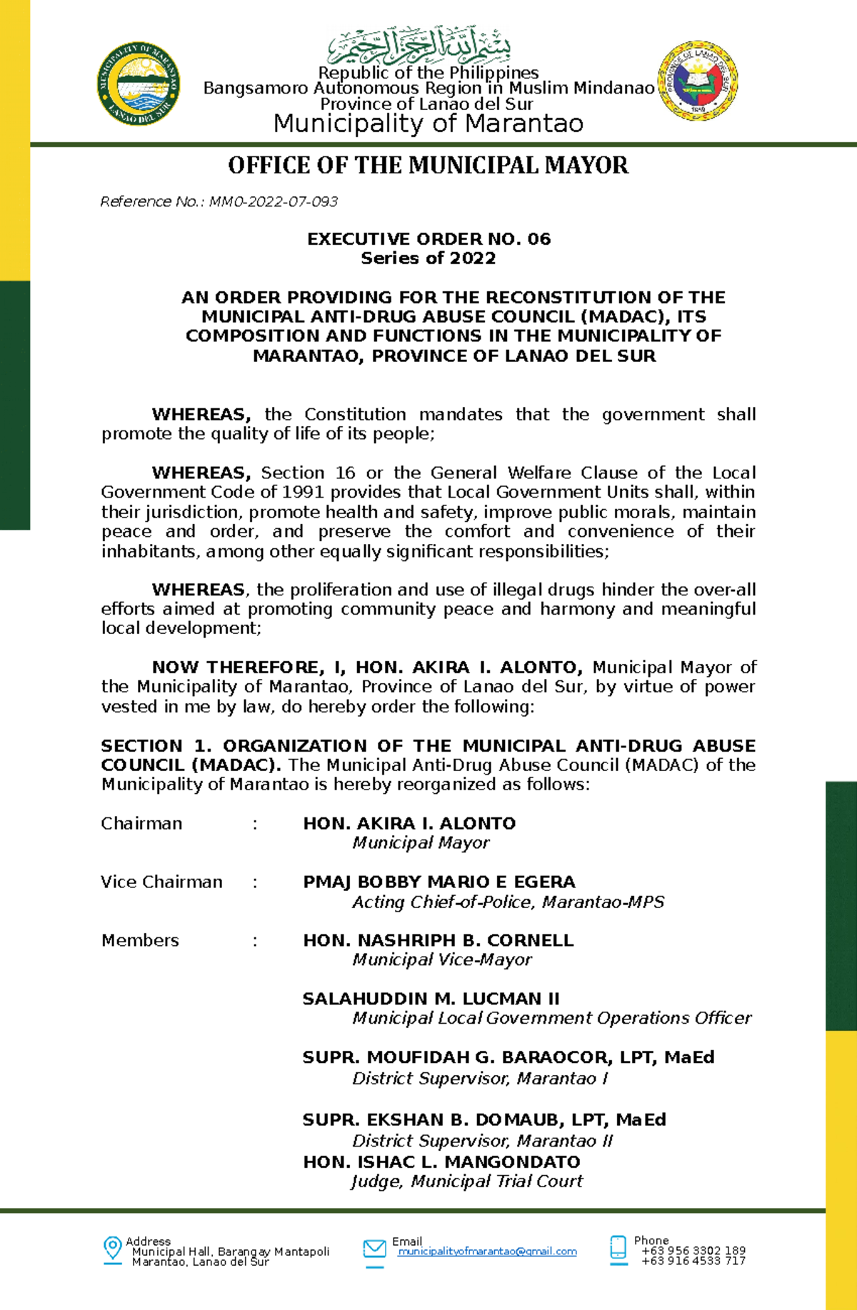 6. 2023 Executive Order Madac - Republic of the Philippines Bangsamoro ...