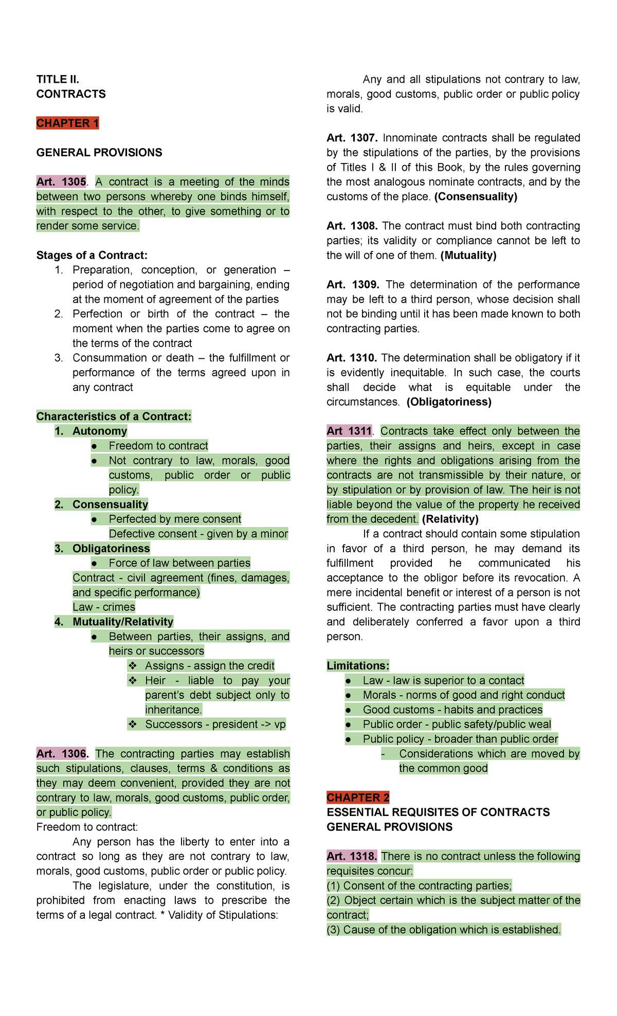Oblicon 101: Final Exam Reviewer on Contracts and General Provisions - Studocu