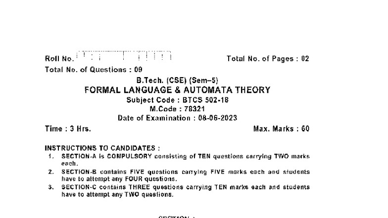 B.Tech CSE 5th Sem Formal Language & Automata Theory Exam Qs - 78321 ...