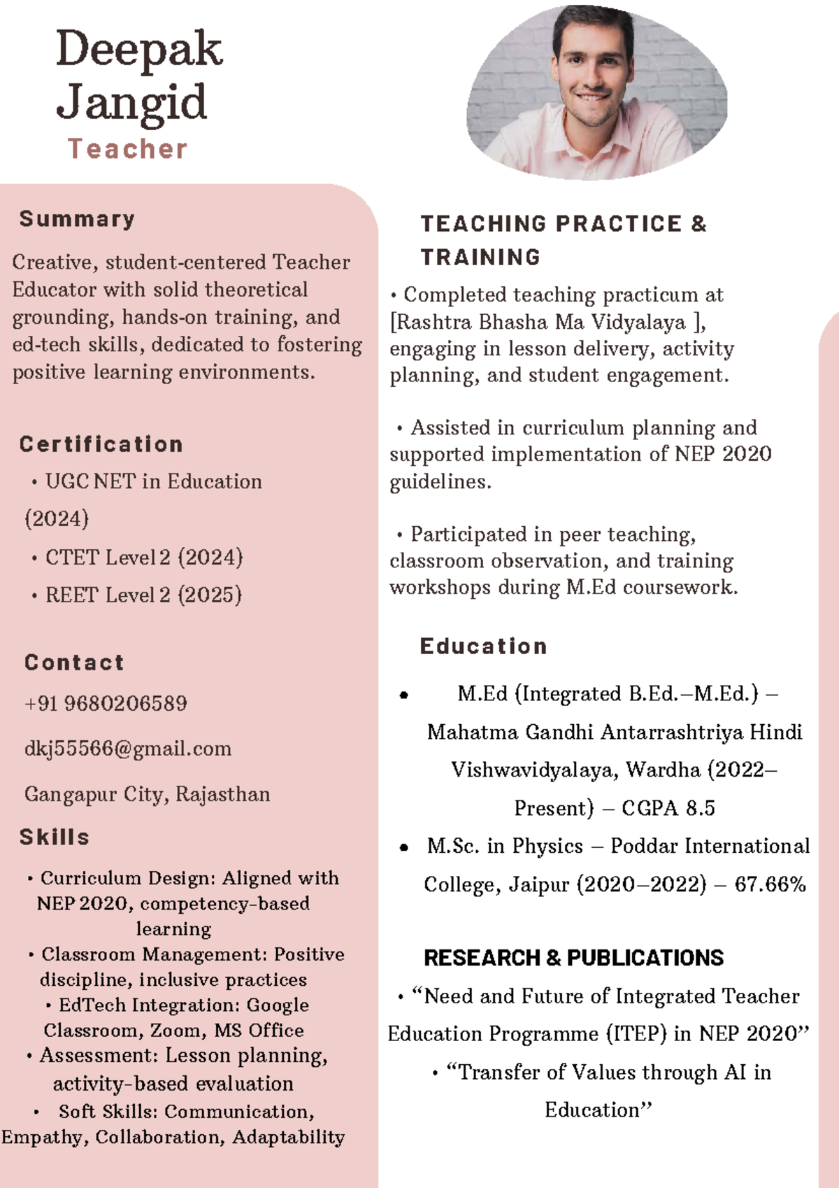 Teacher Resume: Deepak Jangid - UGC NET, CTET, REET Certified Educator ...