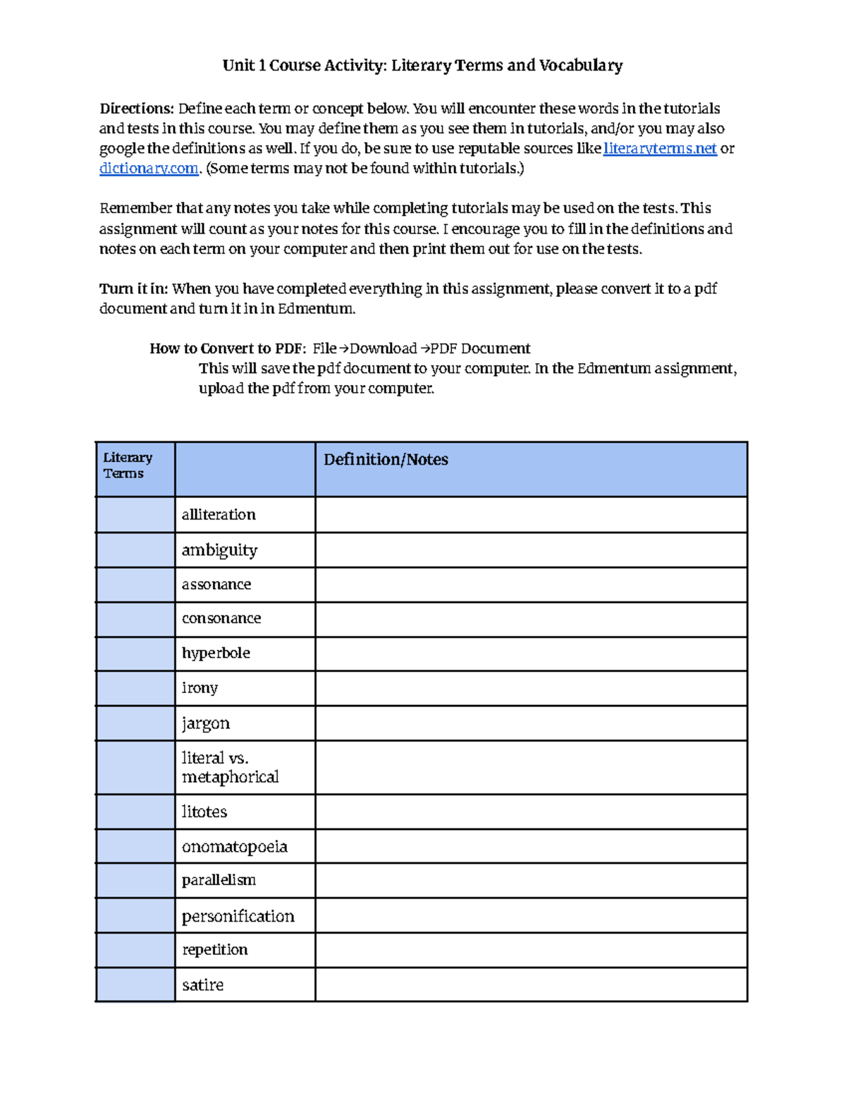 English 11B Unit 1 Activity: Literary Terms & Vocabulary Definitions ...