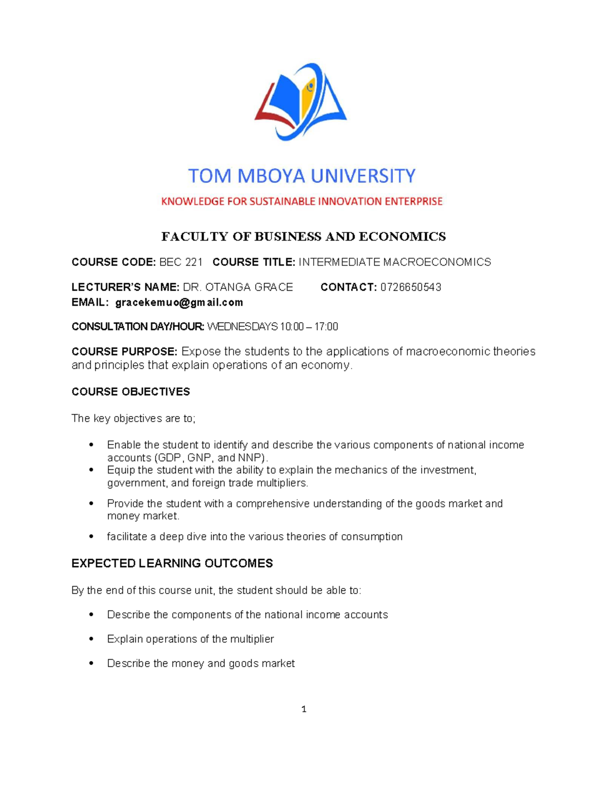 BEC 221 Intermediate Macroeconomics Course Outline and Objectives - Studocu