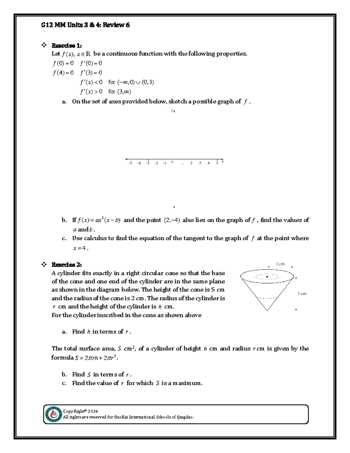 G12 MM Units 3 & 4: Calculus Review 6 Exercises and Solutions - Studocu