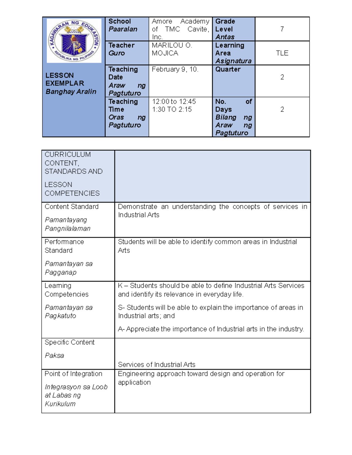 Grade 7 TLE Lesson Exemplar: Industrial Arts Services Overview - Studocu