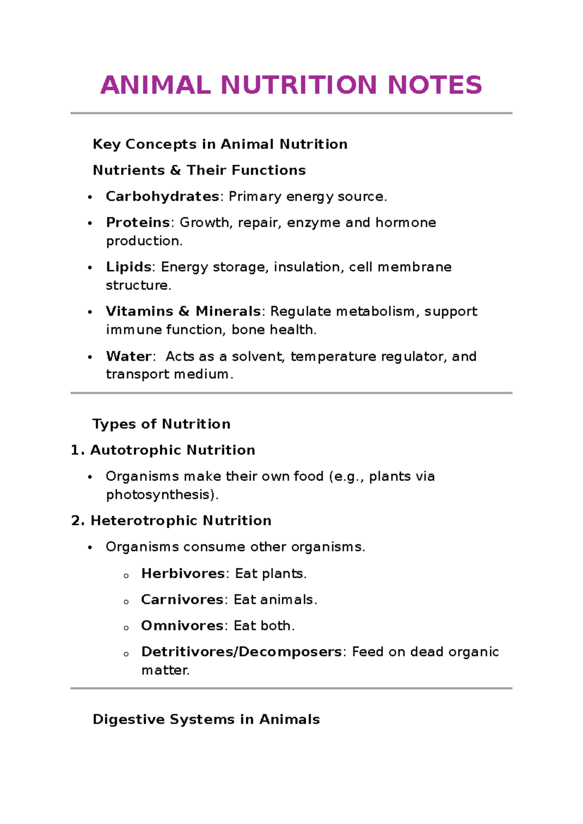 Animal Nutrition Notes: Key Concepts and Digestive Systems - Studocu
