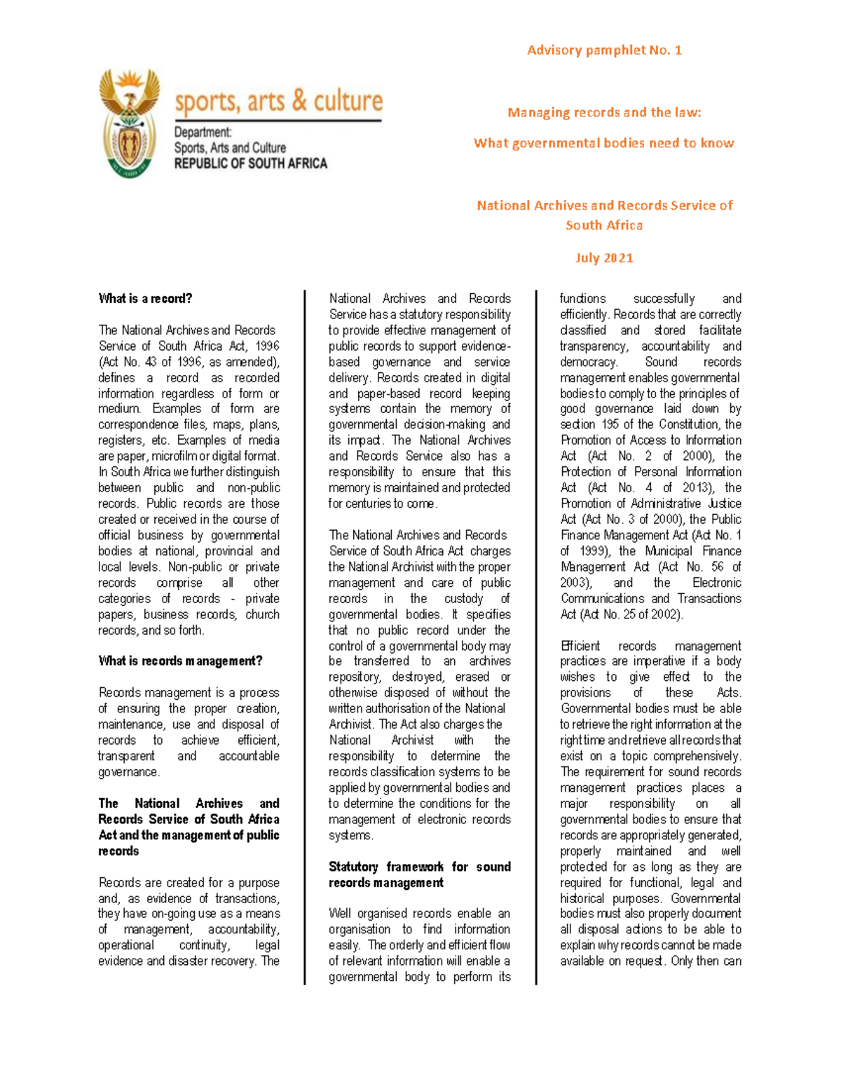 Advisory Pamphlet No 1 July 2021 - Advisory pamphlet No. 1 Managing ...