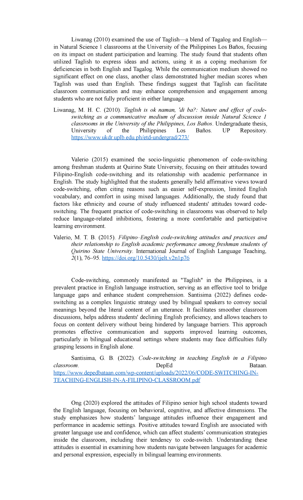 Local RRLS - Jagdkahahakab - Liwanag (2010) examined the use of Taglish—a blend of Tagalog and ...