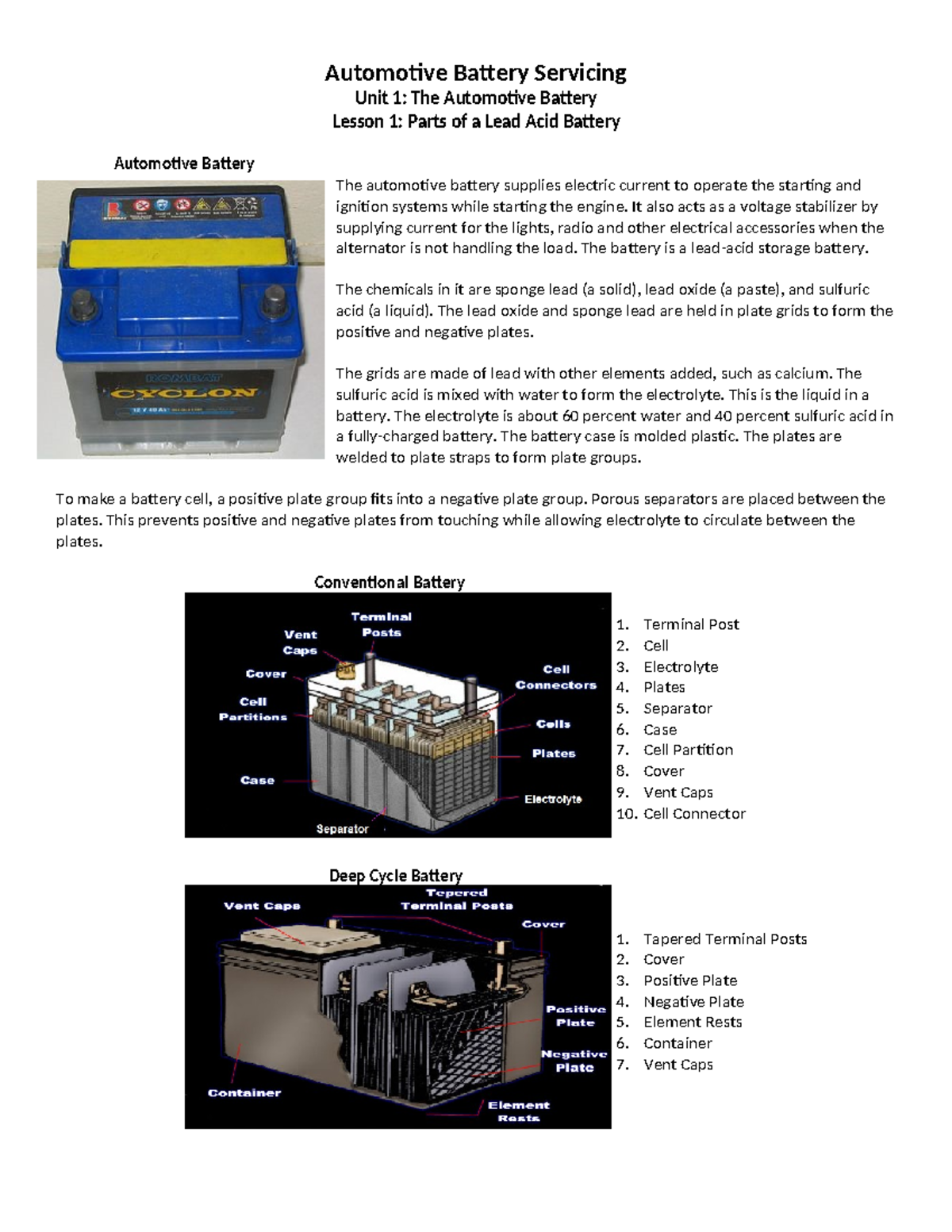 Automotive Battery Servicing (Unit 1): Lead Acid Battery Overview - Studocu