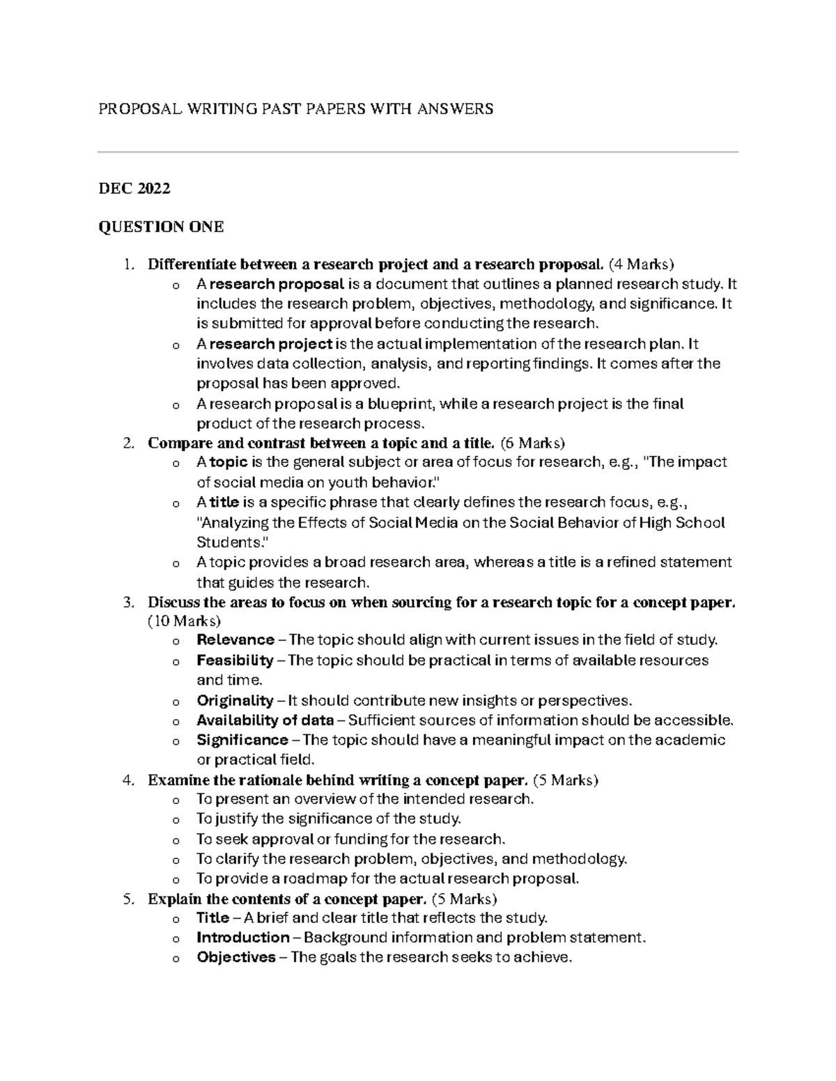 Research Proposal Writing Past Papers with Answers - Dec 2022 - Studocu