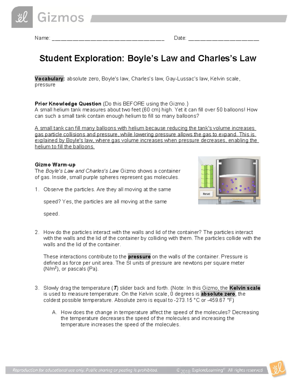 Gizmo Exploration Lab: Boyle's & Charles's Laws Student Sheet - Studocu