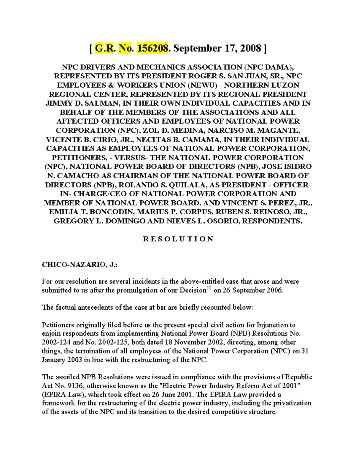 NPC Drivers vs. NPC Resolutions: A Detailed Case Study (G. No. 156208 ...