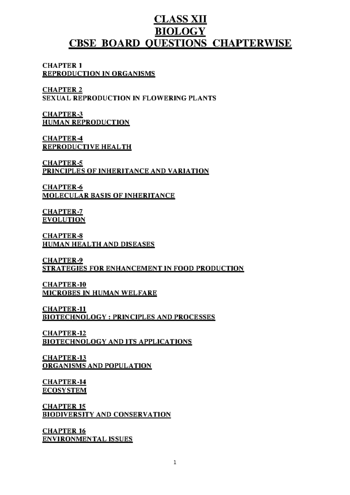 Bio Class XII Chapterwise Important Questions for CBSE - Studocu