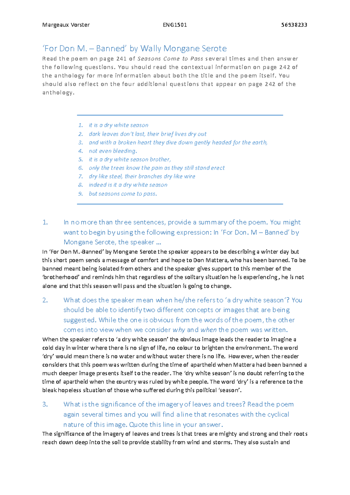 ENG1501 Study Notes: Analysis of 'For Don M. – Banned' by Wally Serote ...