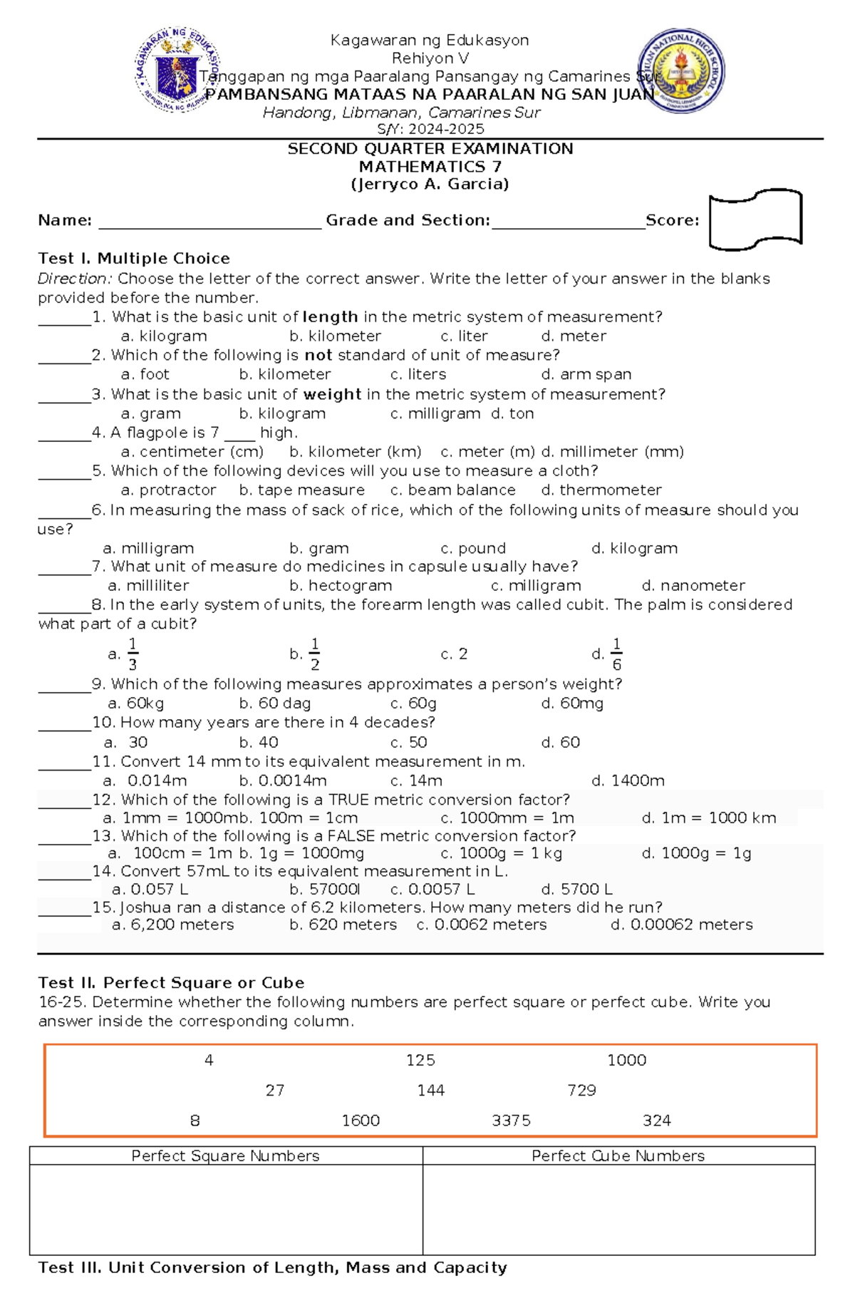 2ND Quarter Exam Review for MATH 7 (2024-2025) - Studocu