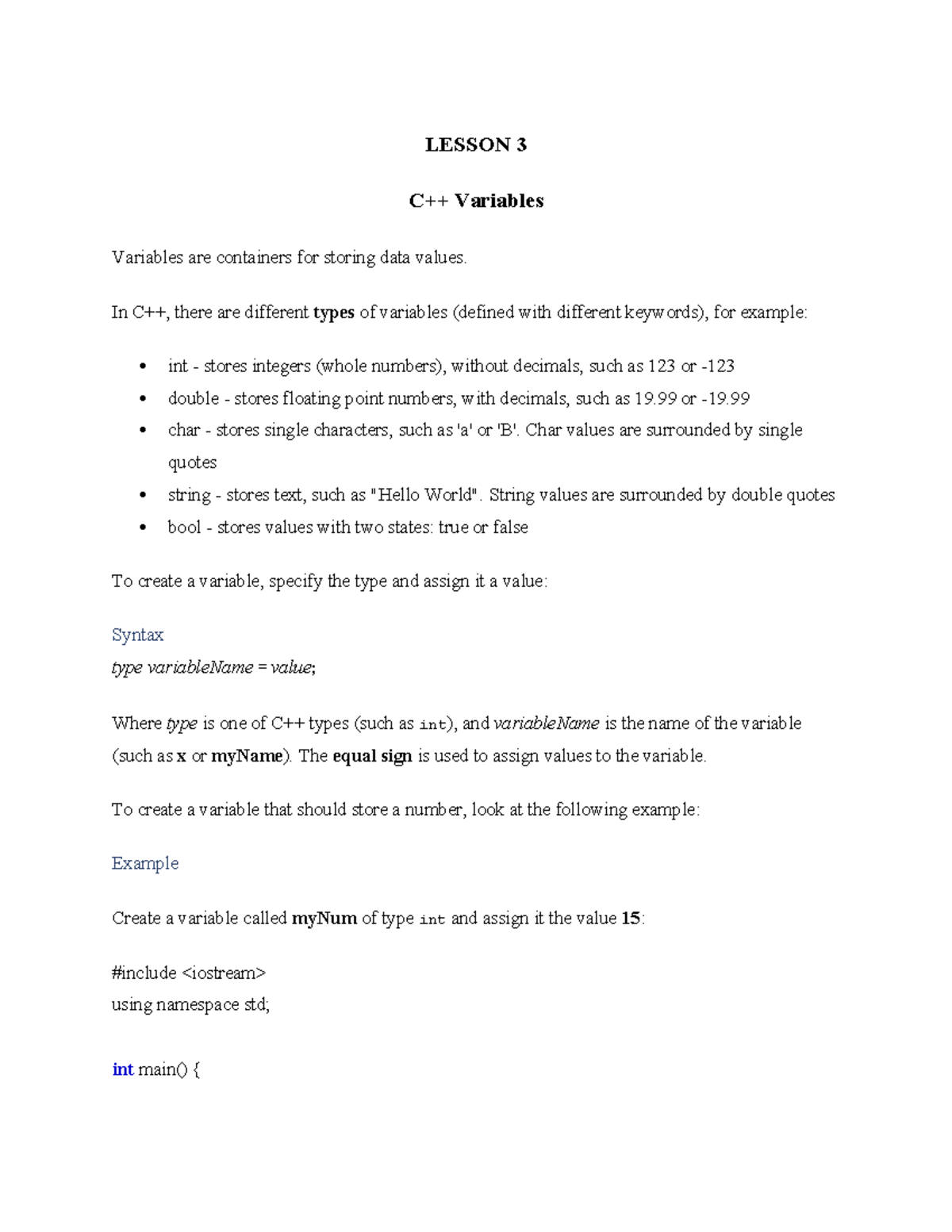 OOP Chapter 3 - Revision notes - LESSON 3 C++ Variables Variables are ...