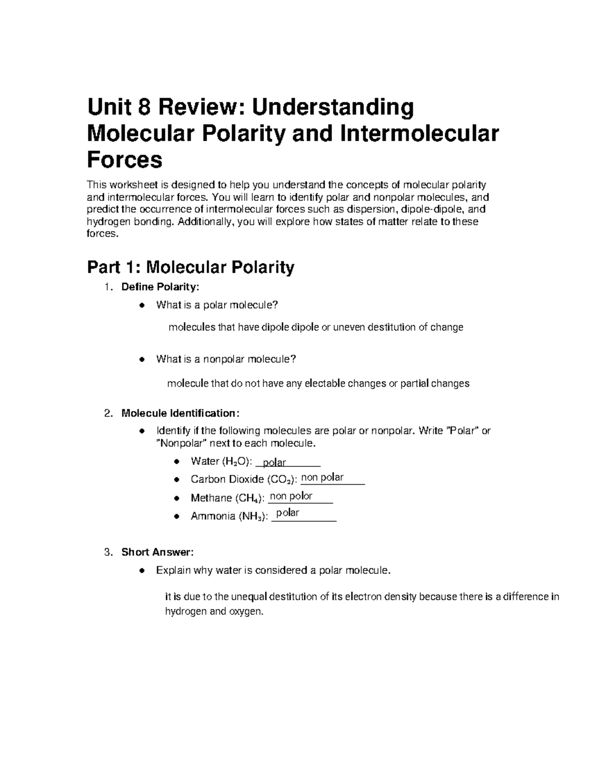 U8 Review: Understanding Molecular Polarity & Intermolecular Forces ...