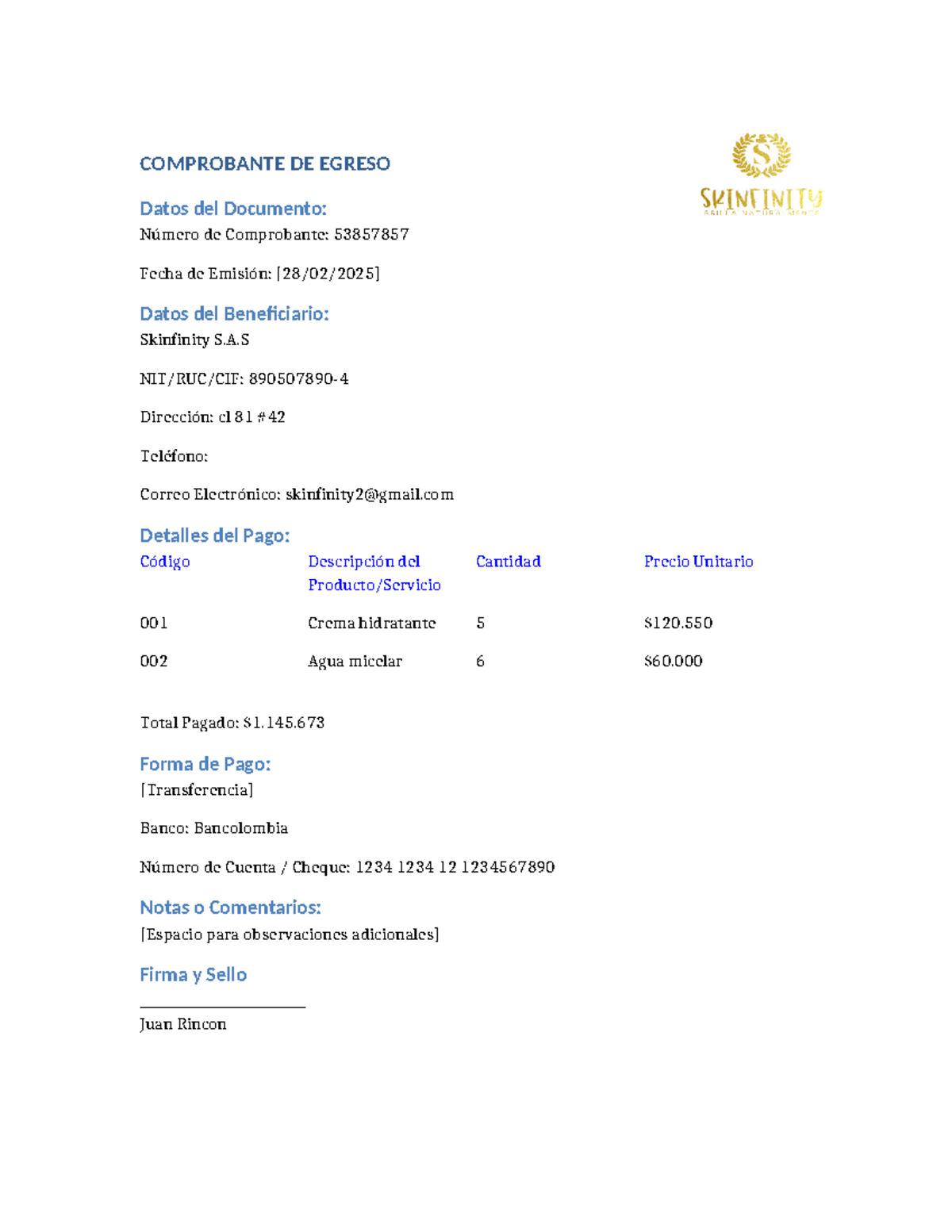 Comprobante Egreso - COMPROBANTE DE EGRESO Datos del Documento: Número ...