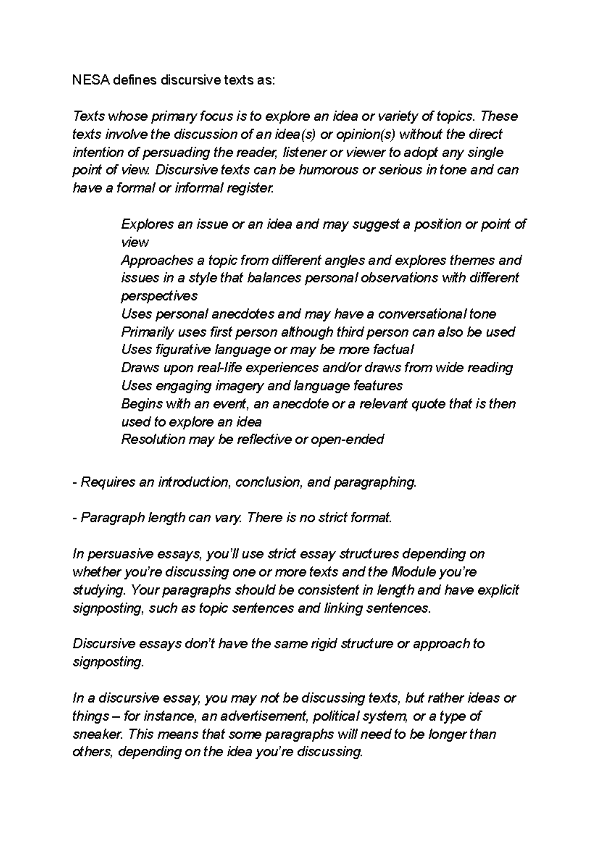 English Notes: Understanding Discursive Texts and Essays - Studocu