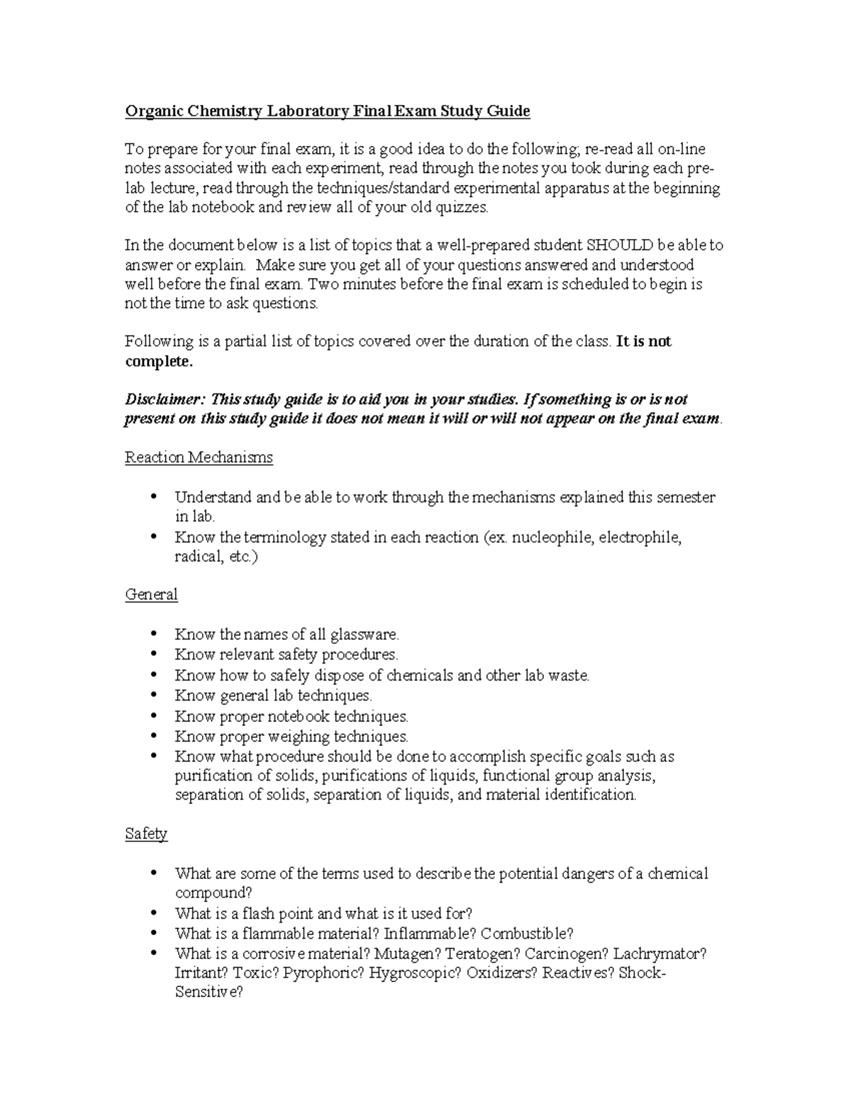 Organic Chemistry Lab Final Exam Study Guide (CHEM 302) - Studocu