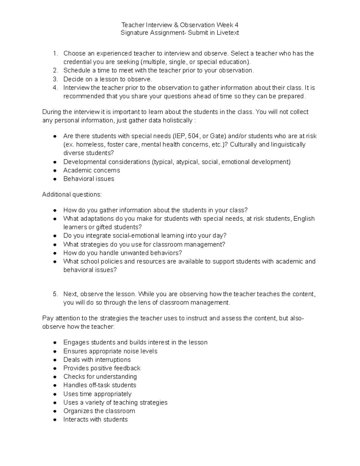 Teacher Interview & Observation - Week 4 Signature Assignment - Studocu