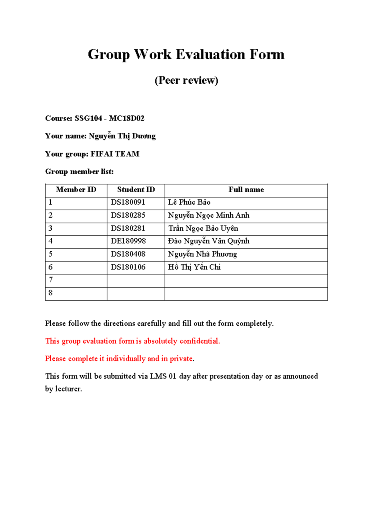 SSG104 Group Work Evaluation Form (Peer Review) - MC18D02 - Studocu
