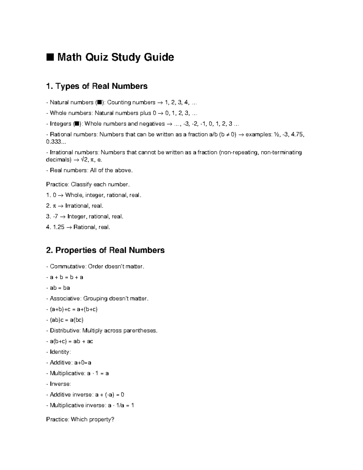 Math 101 Quiz Study Guide: Types & Properties of Real Numbers - Studocu