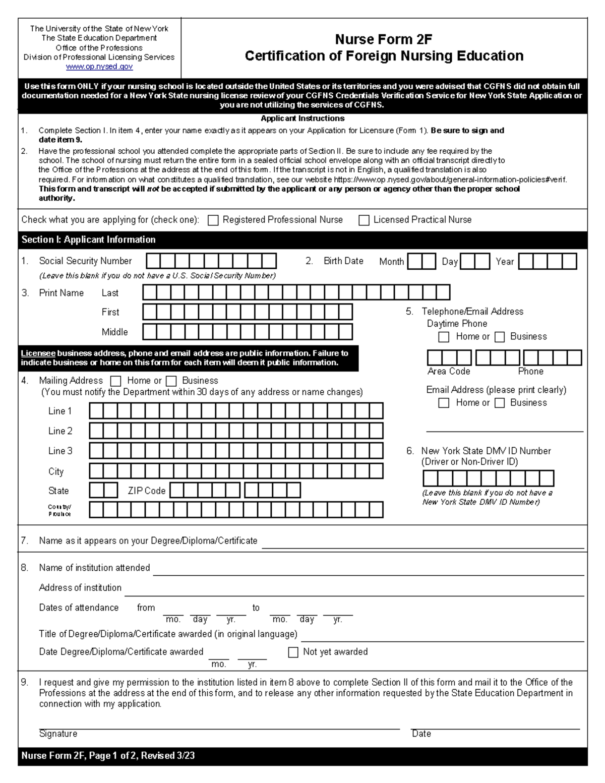 Nurse Form 2F - Certification of Foreign Nursing Education Instructions ...