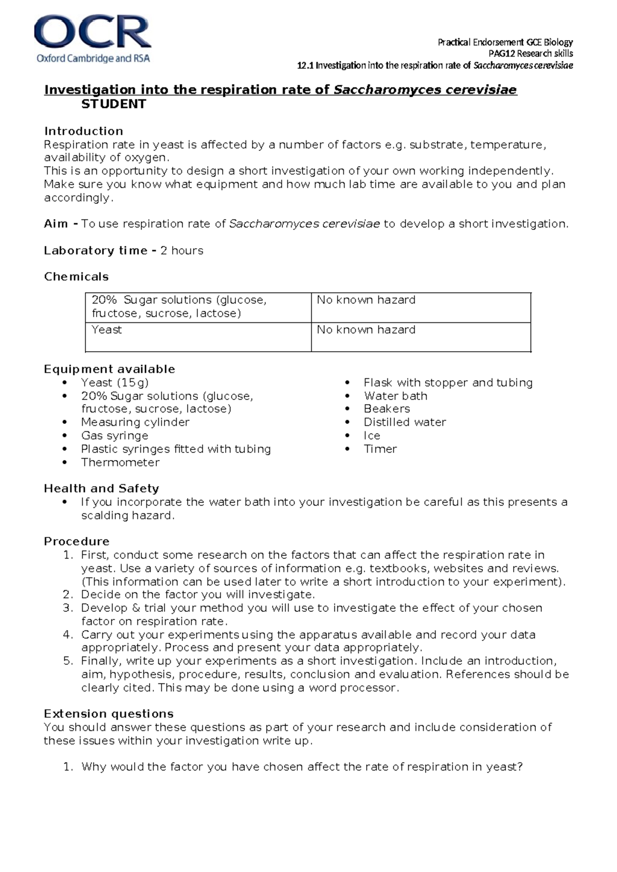 PAG12.1 Investigation on Respiration Rate of Saccharomyces cerevisiae ...