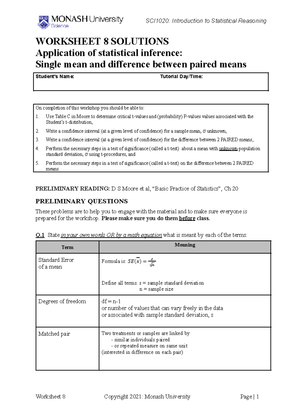 SCI1020: Worksheet 8 Solutions on Statistical Inference - Studocu