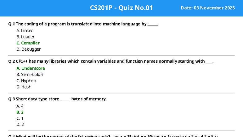 CS201P Quiz No.01 - Programming Concepts and Output Analysis - Studocu