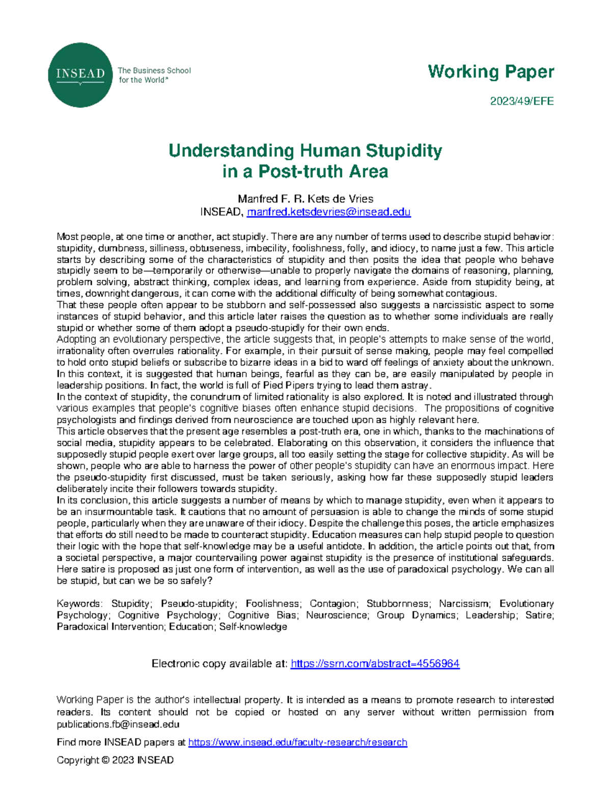 Working Paper: Understanding Human Stupidity - Insights and ...