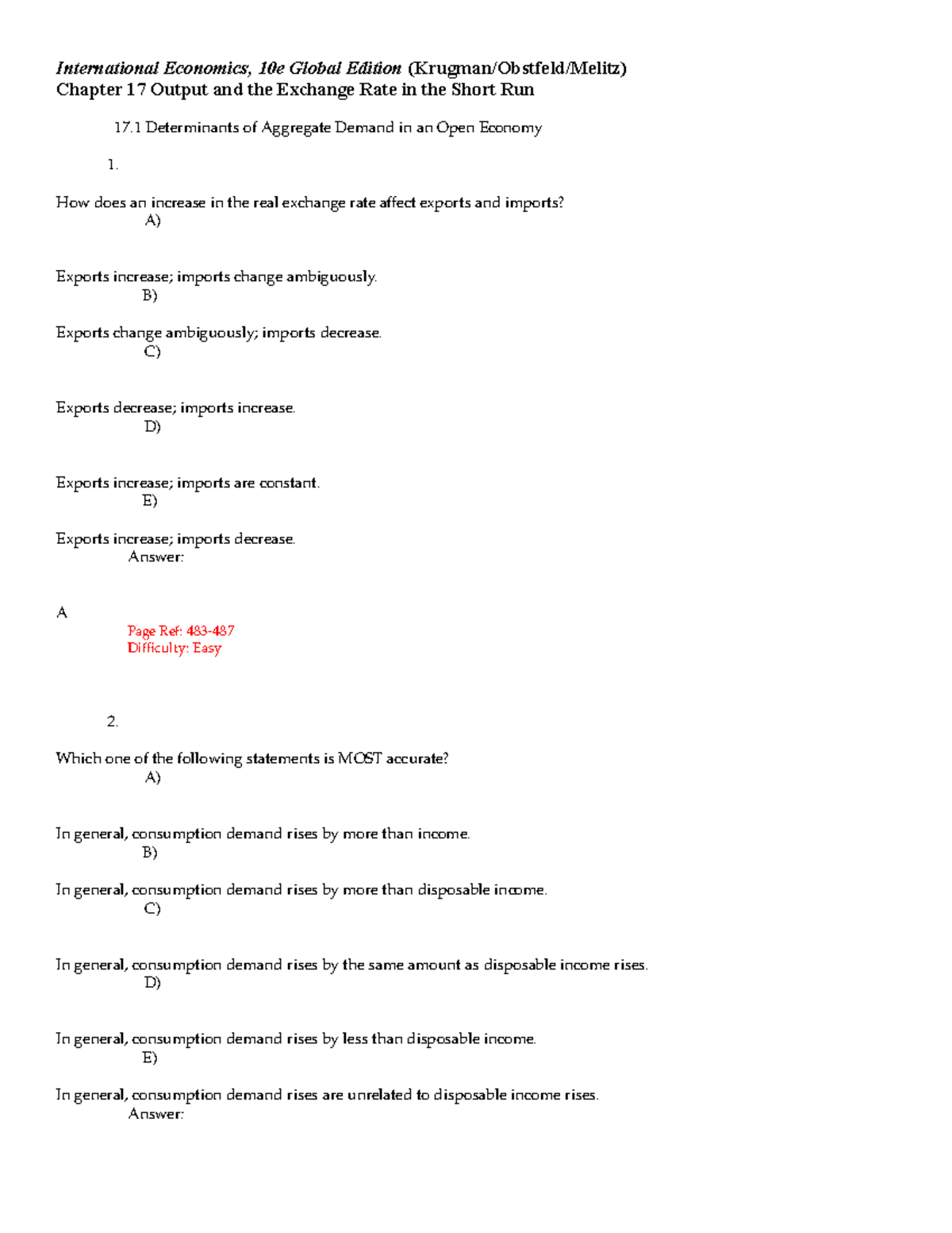 Ch 17 - Key Exam Questions on Output & Exchange Rate (Int'l Econ 10e ...