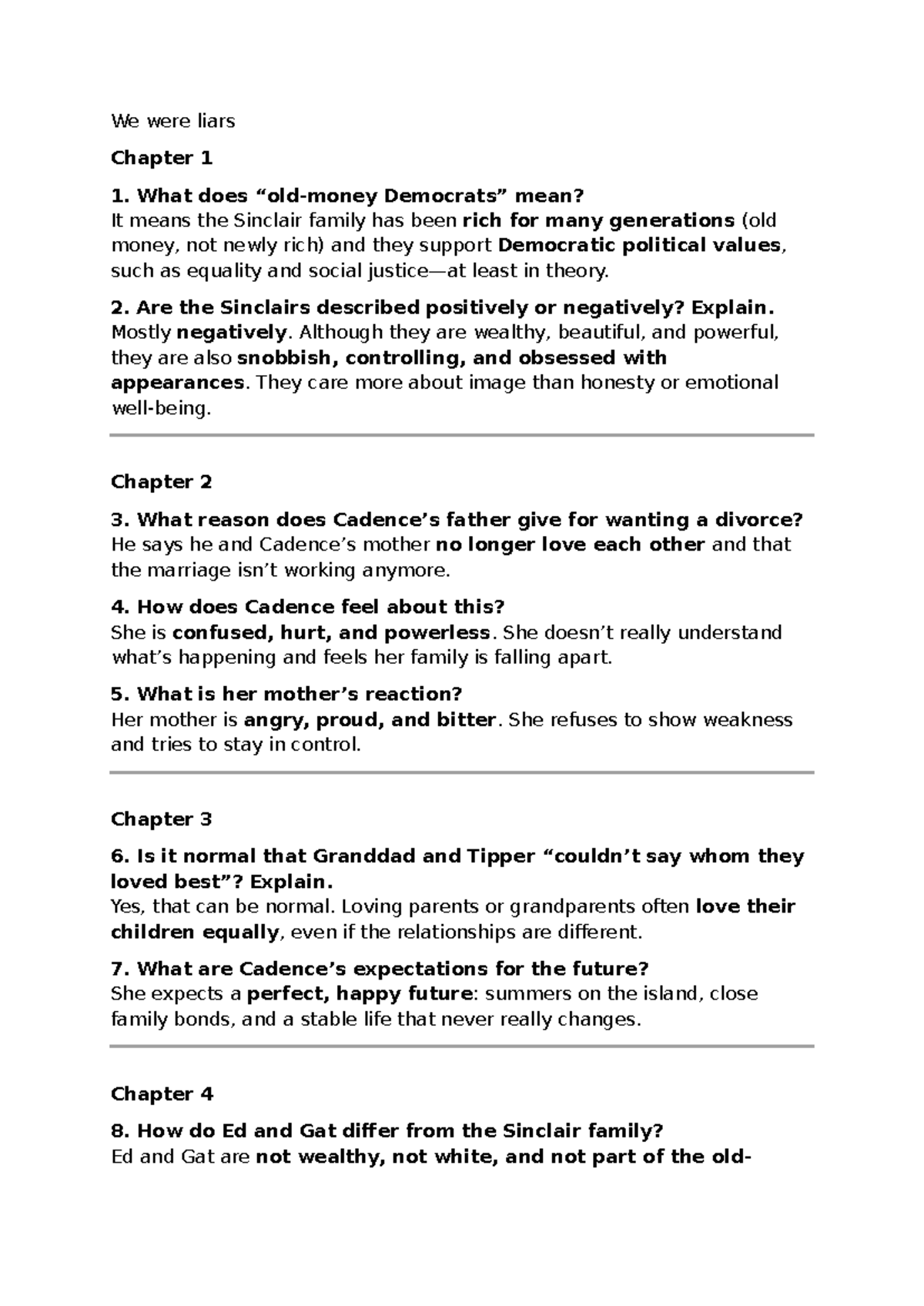 We Were Liars: Chapter Questions & Study Guide - Studeersnel
