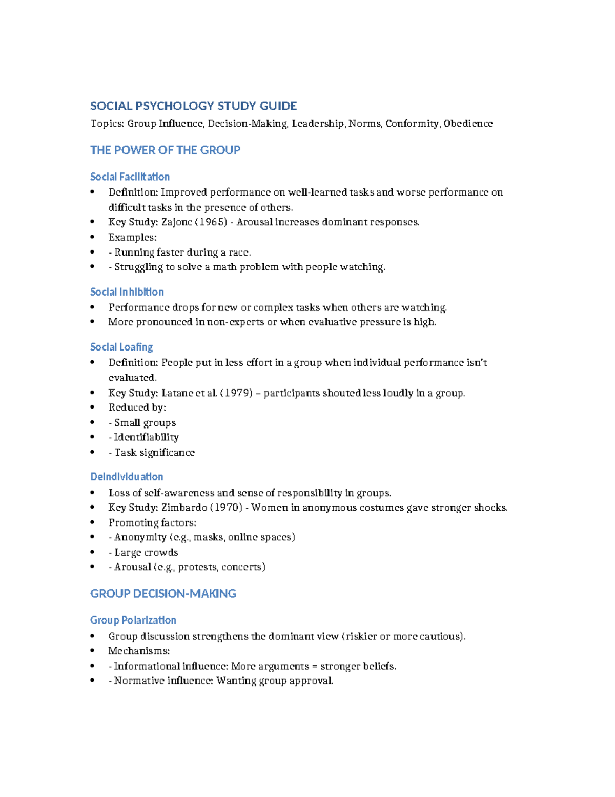 SOCIAL PSYCHOLOGY STUDY GUIDE: Group Influence & Leadership Concepts ...