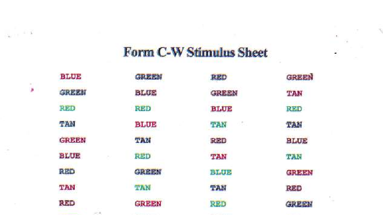 Form C-W Stimulus Sheet: Color Patterns Analysis - Studocu